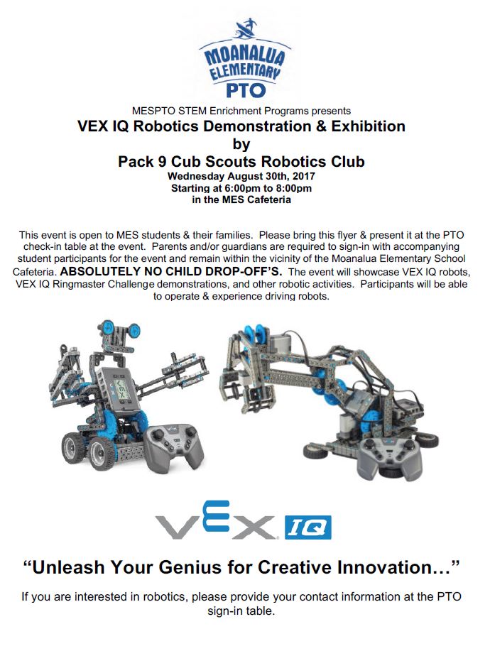 Reminder: 8/30 VEX IQ Robotics Demonstration & Exhibition – Moanalua ...