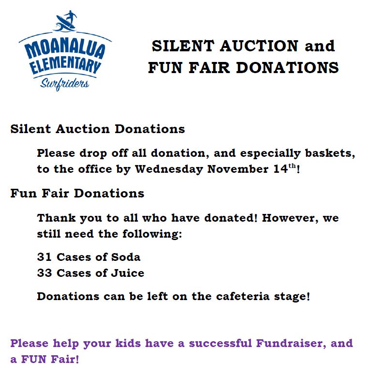 Silent Auction and Fun Fair Donations – Moanalua Elementary School PTO