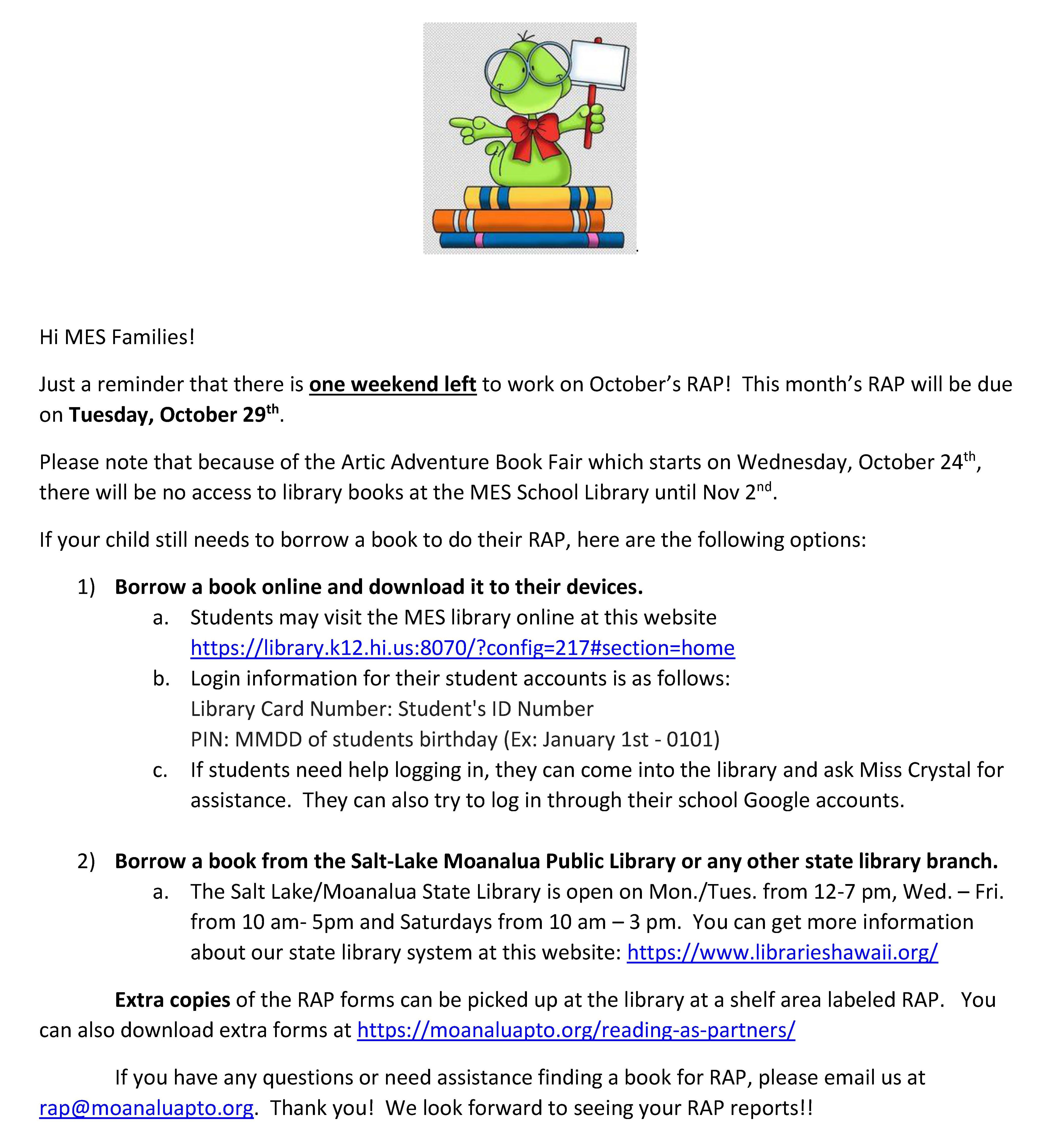 October RAP Reminder–One weekend left! – Moanalua Elementary School PTO