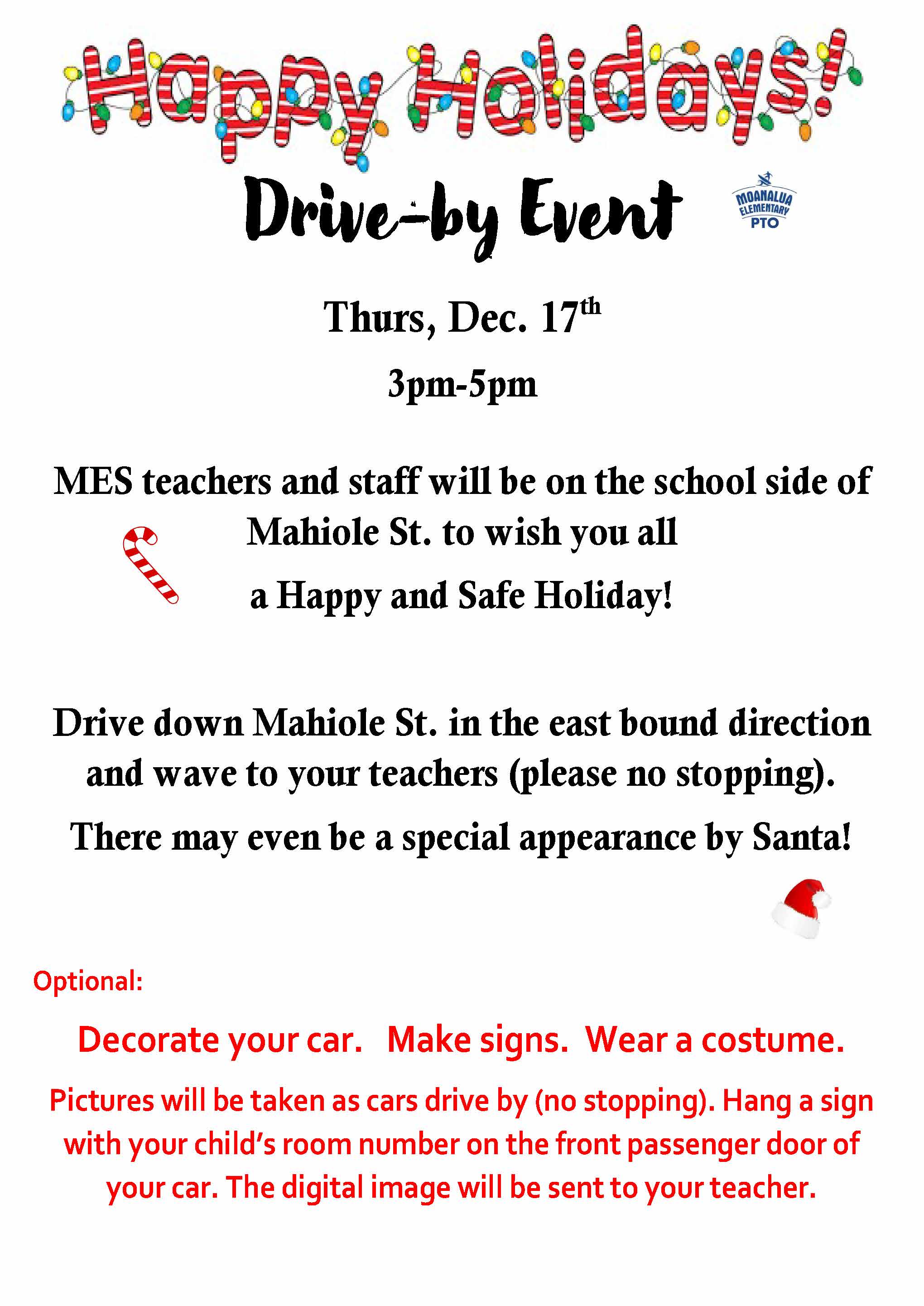 Happy Holidays Drive-by Event – Moanalua Elementary School PTO