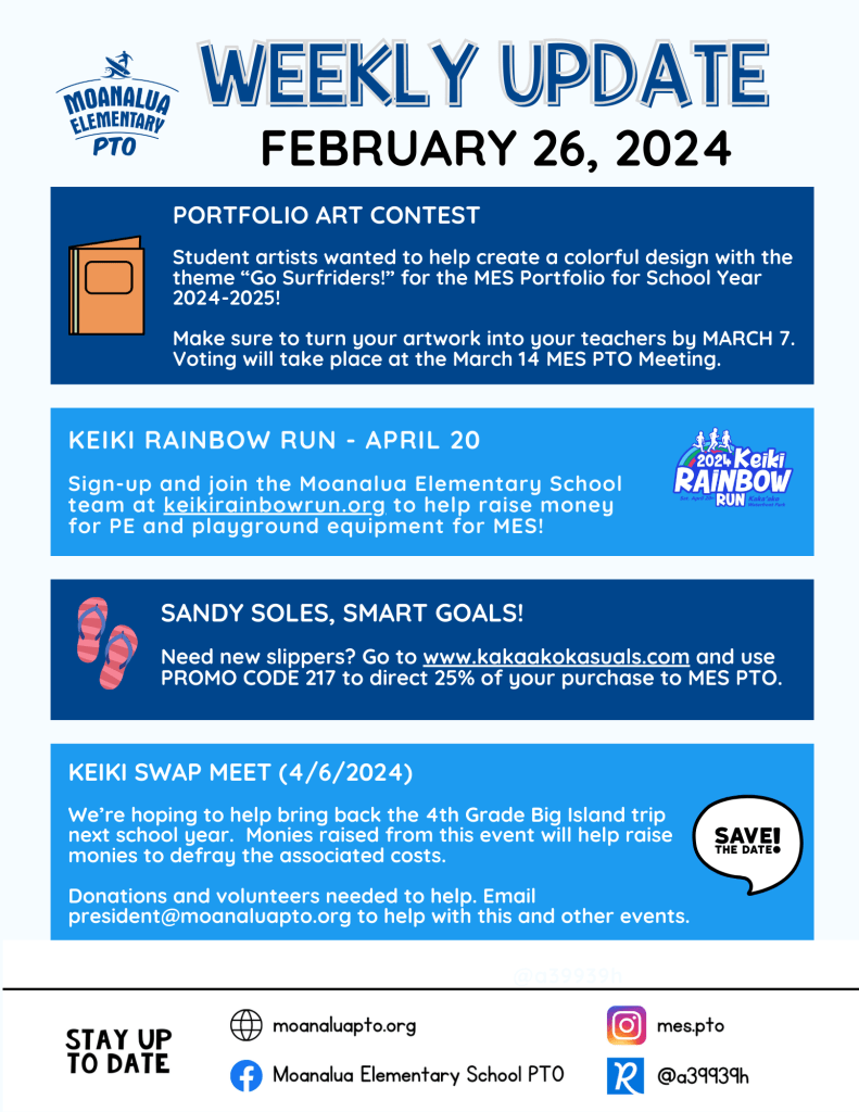 MES PTO WEEKLY UPDATE: 2/26/2024 – Moanalua Elementary School PTO